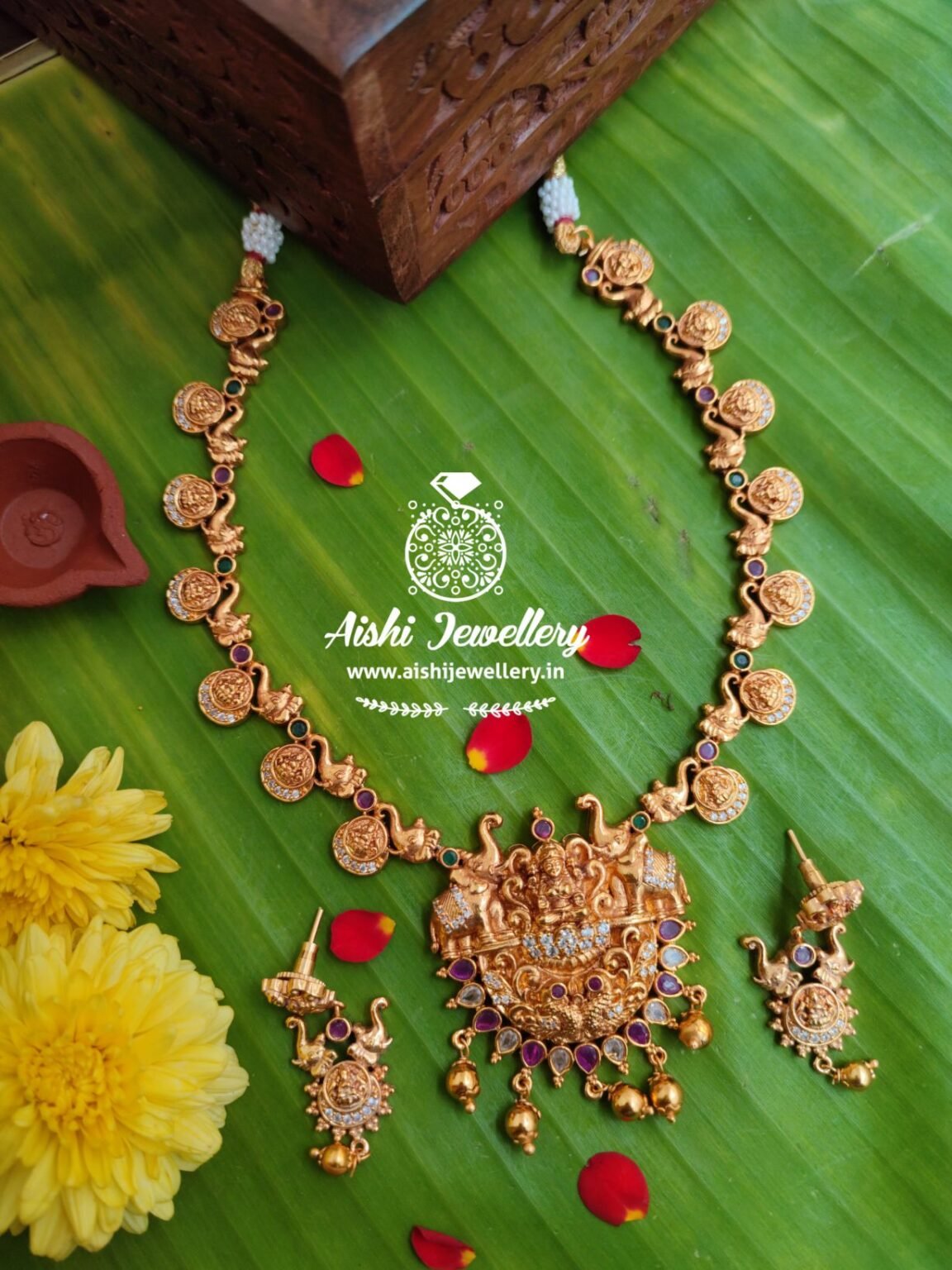 Rose Gold Ad Neck Set with Tikka (Green Color)-N196 - Aishi Jewellery ...