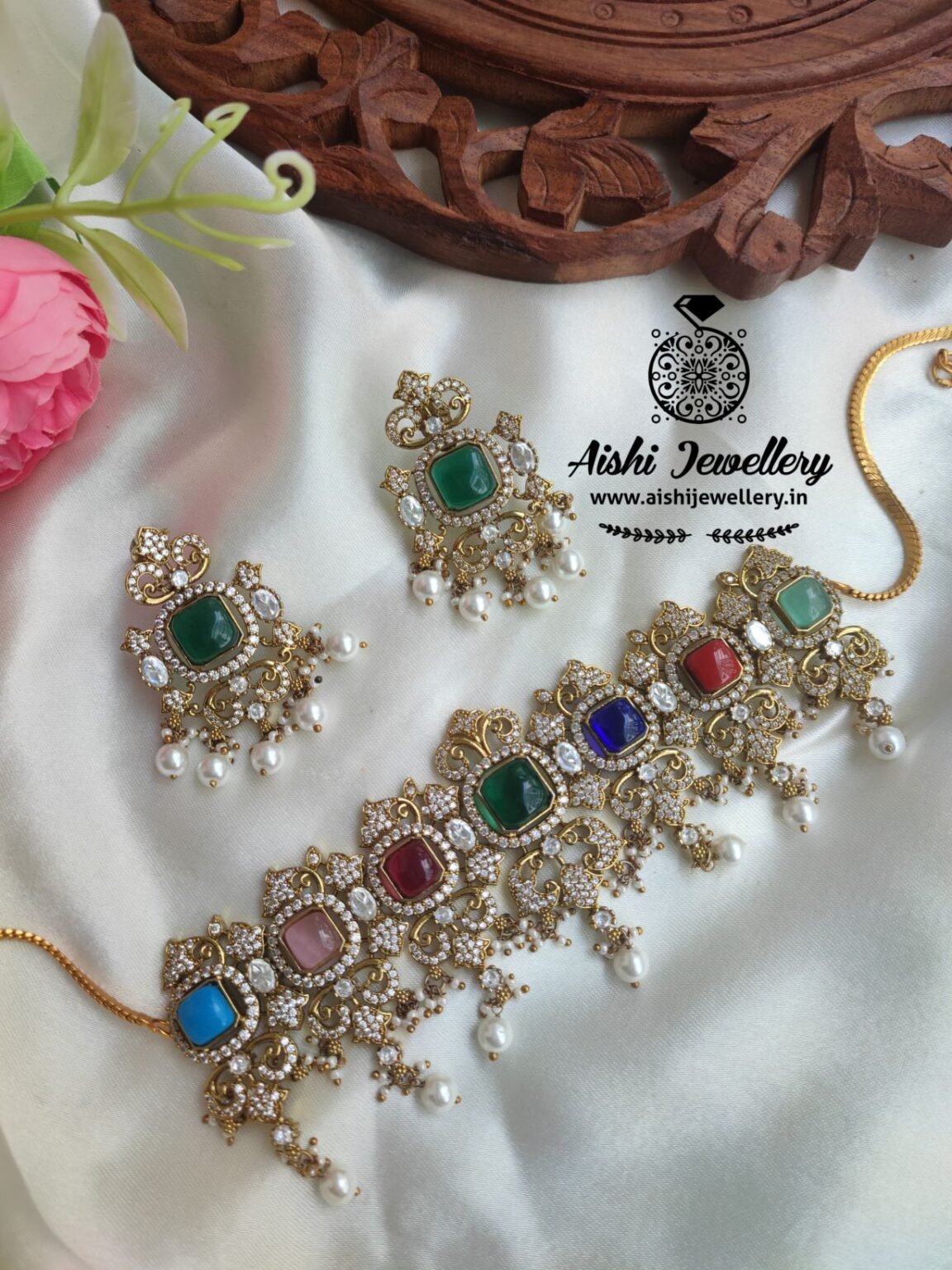 Peacock Real Kemp High Neck Choker - HN107 - Aishi Jewellery - Buy ...
